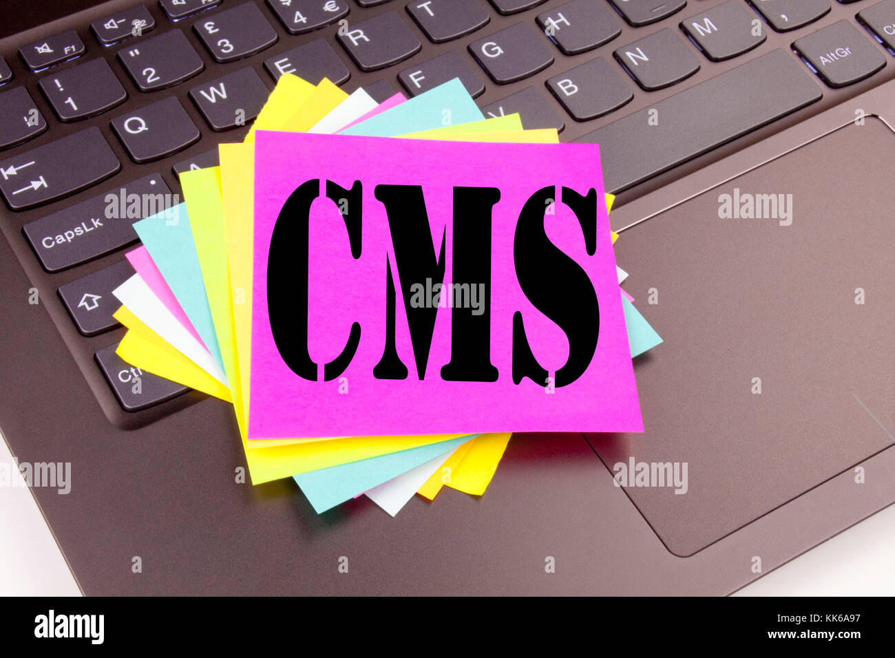 Writing CMS text made in the office close-up on laptop computer ...