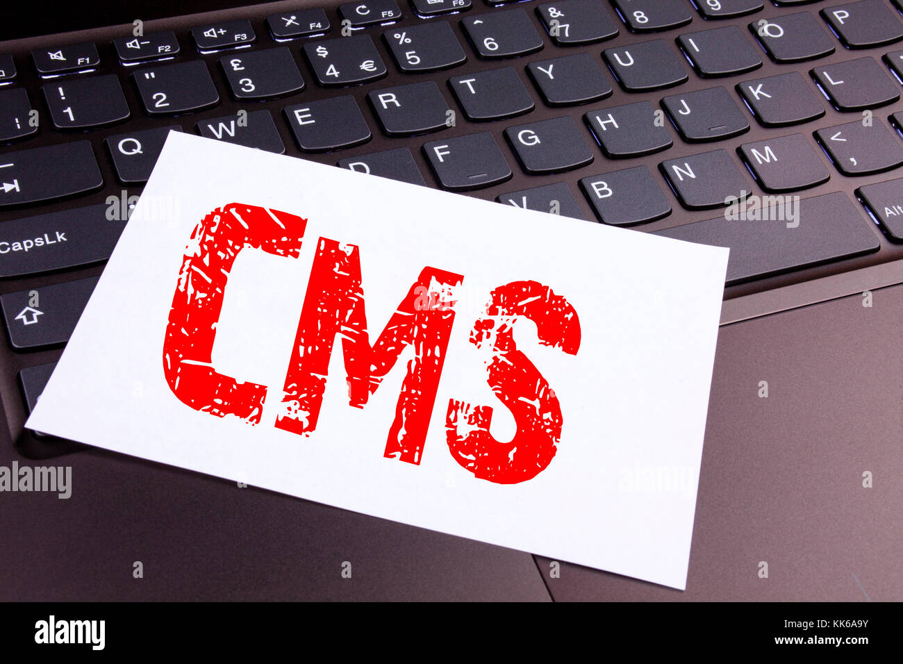 Writing CMS text made in the office close-up on laptop computer ...