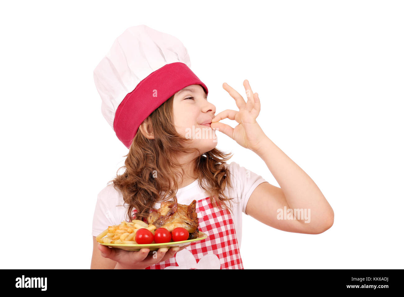 happy little girl cook with chicken wings and ok hand sign Stock Photo ...