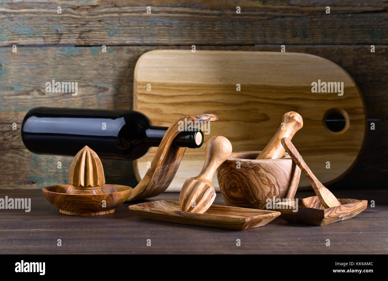 Set of wooden kitchen utensils made from olive wood Stock Photo - Alamy