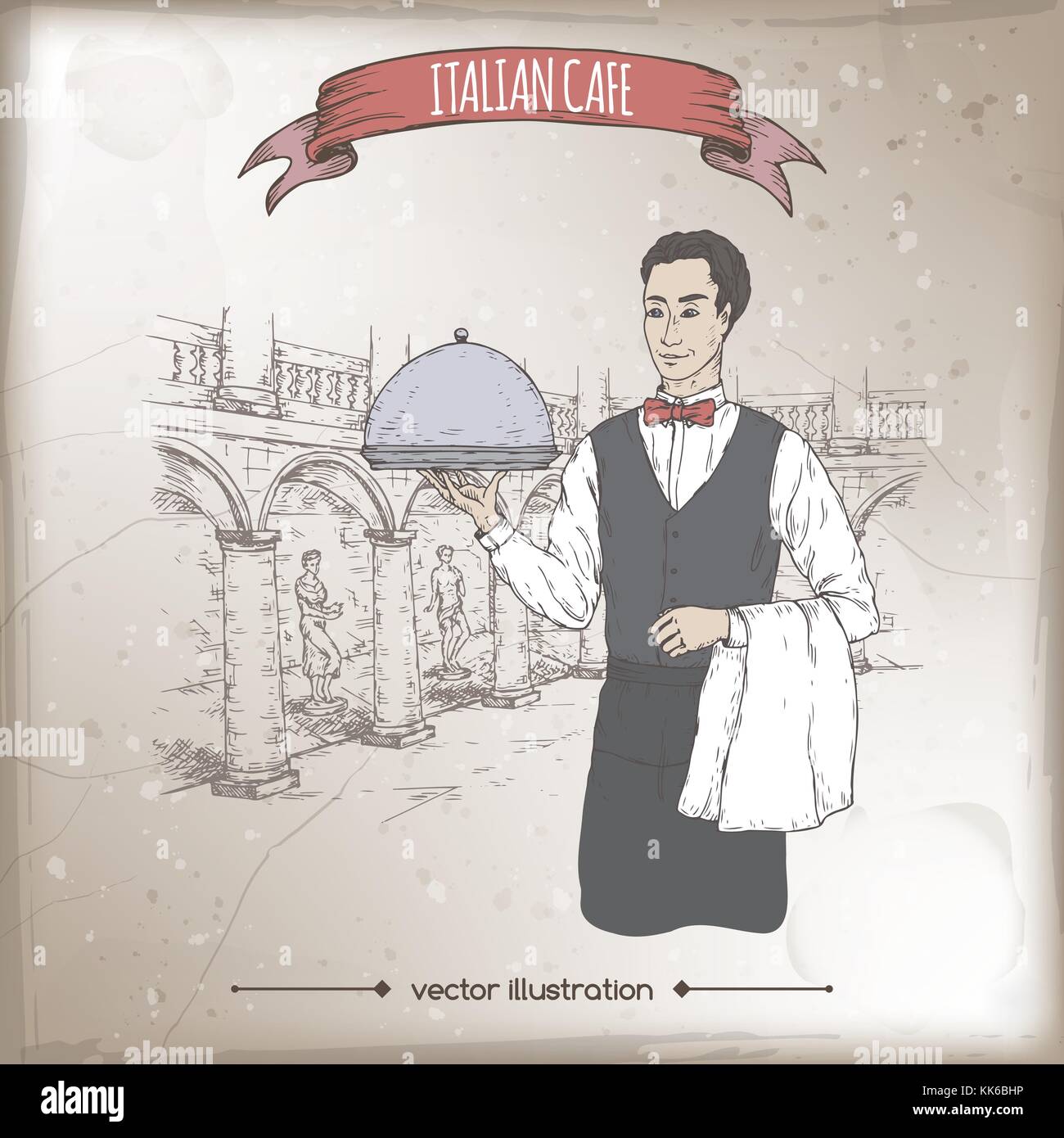 Waiter in Italian cafe hand drawn vector sketch Stock Vector Image ...