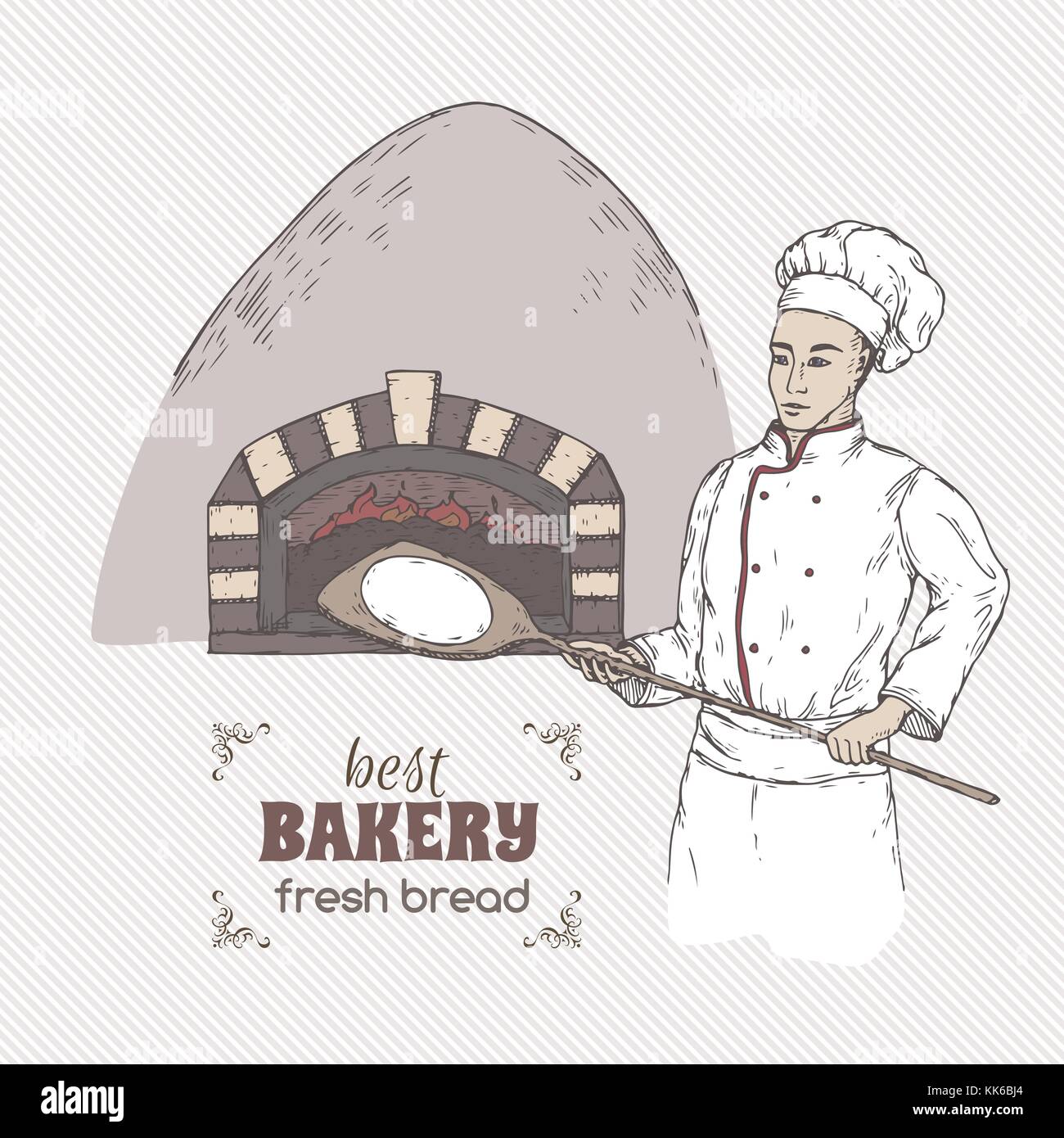 Bakery template with baker and stove color vector sketch Stock Vector ...