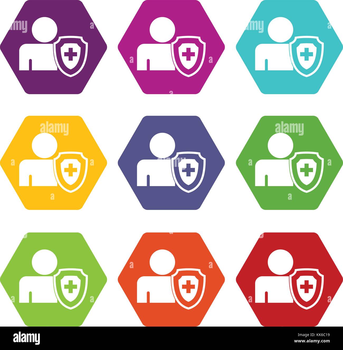Person and medical cross protection shield icon set color hexahedron ...