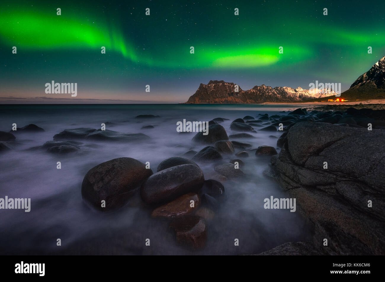 Northern lights by the sea captured on Lofoten Islands, Norway in ...