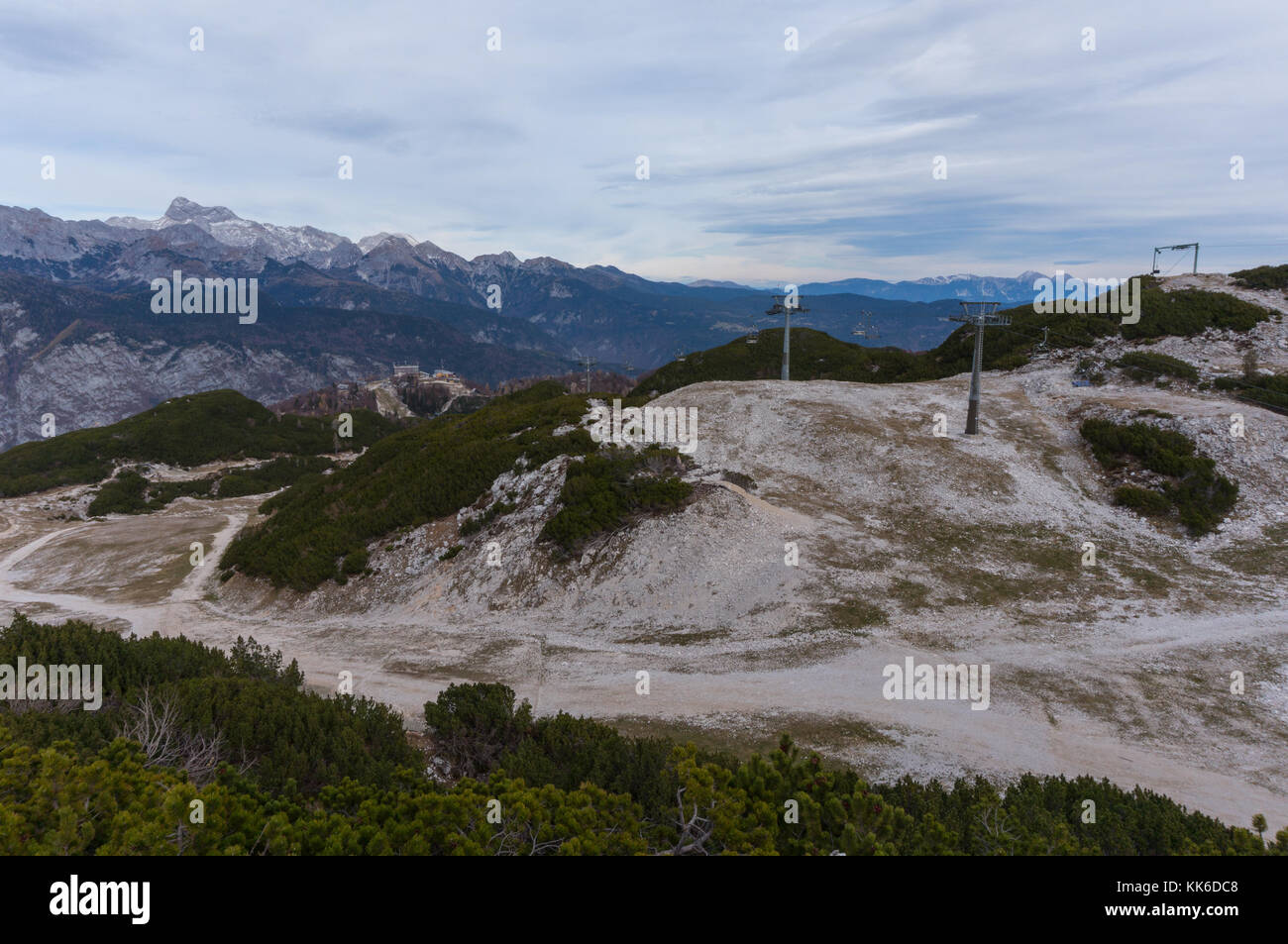 Ski lift installation with the Vogel ski resort and mount Triglav in ...