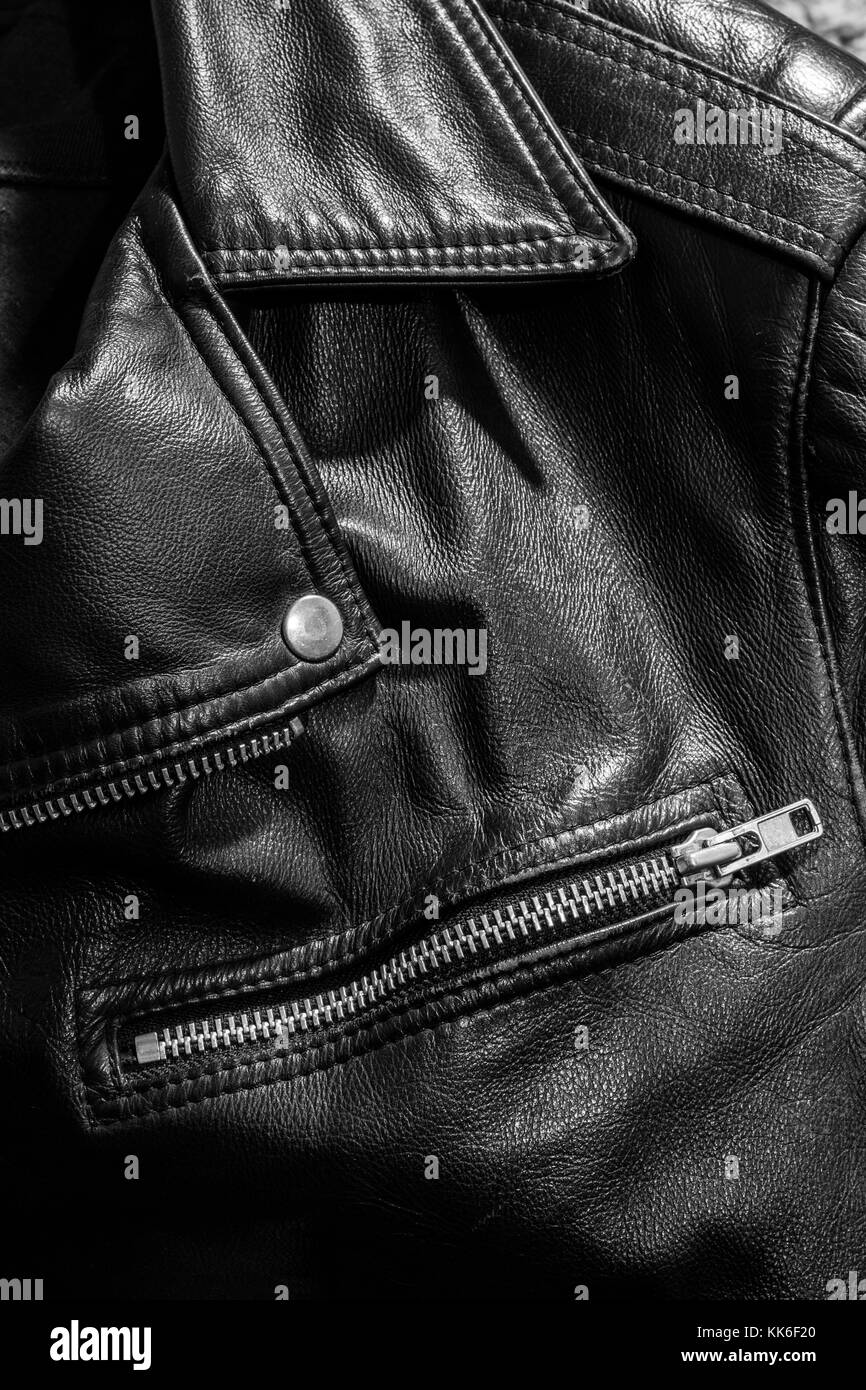 black motorcycle leather jacket close up Stock Photo - Alamy