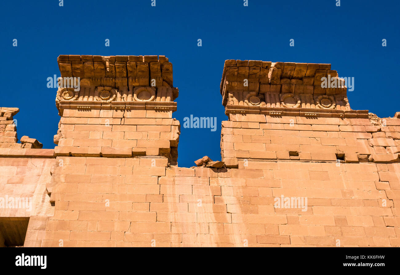 Looking up at detail of carved sandstone topping stones at Temple of ...