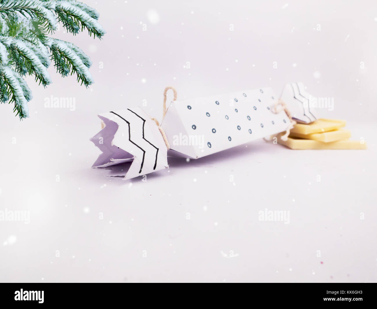 Christmas Decoration with white cracker box with christmas tree and ...