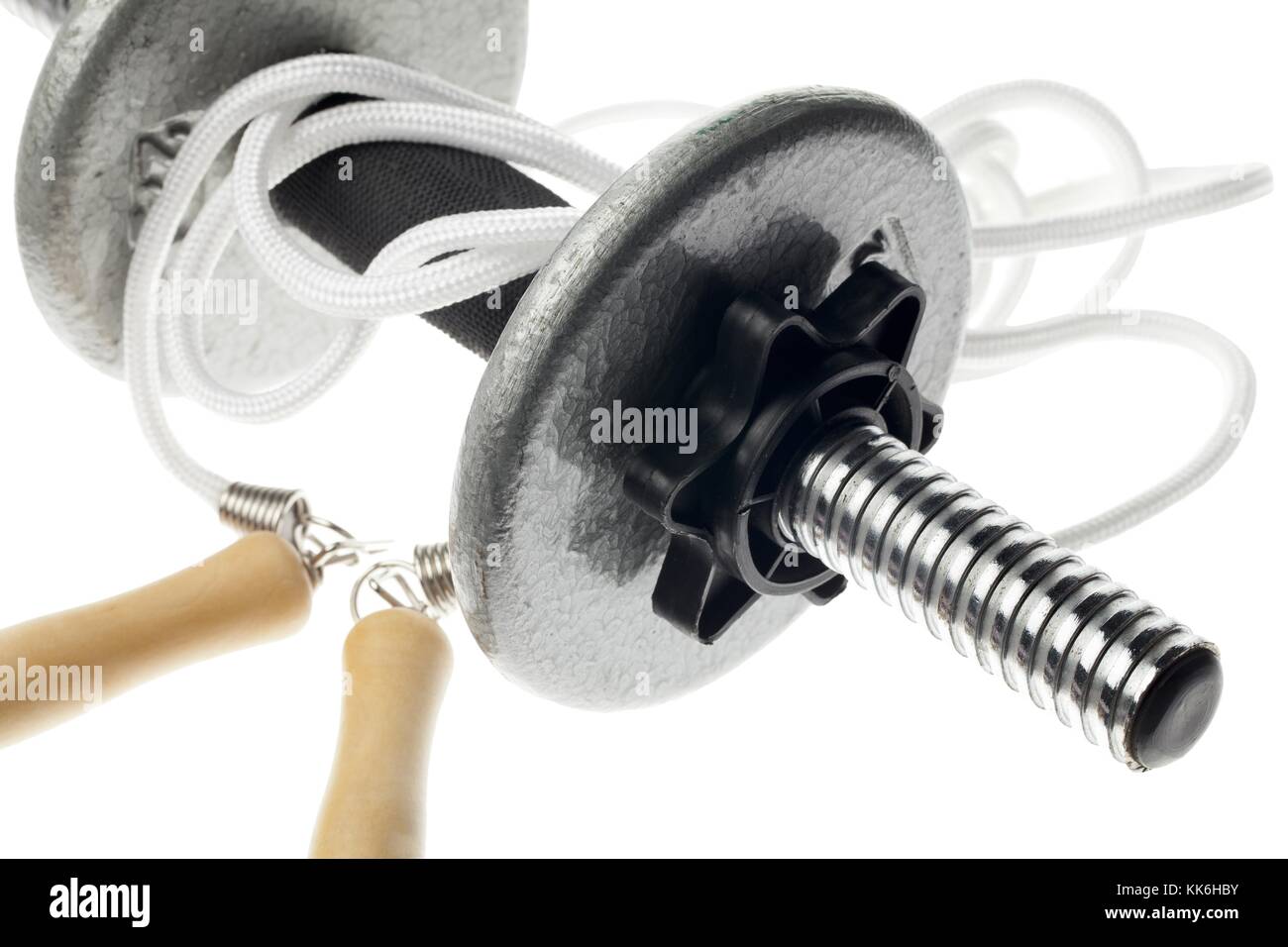 dumbbell and jumping rope Stock Photo - Alamy