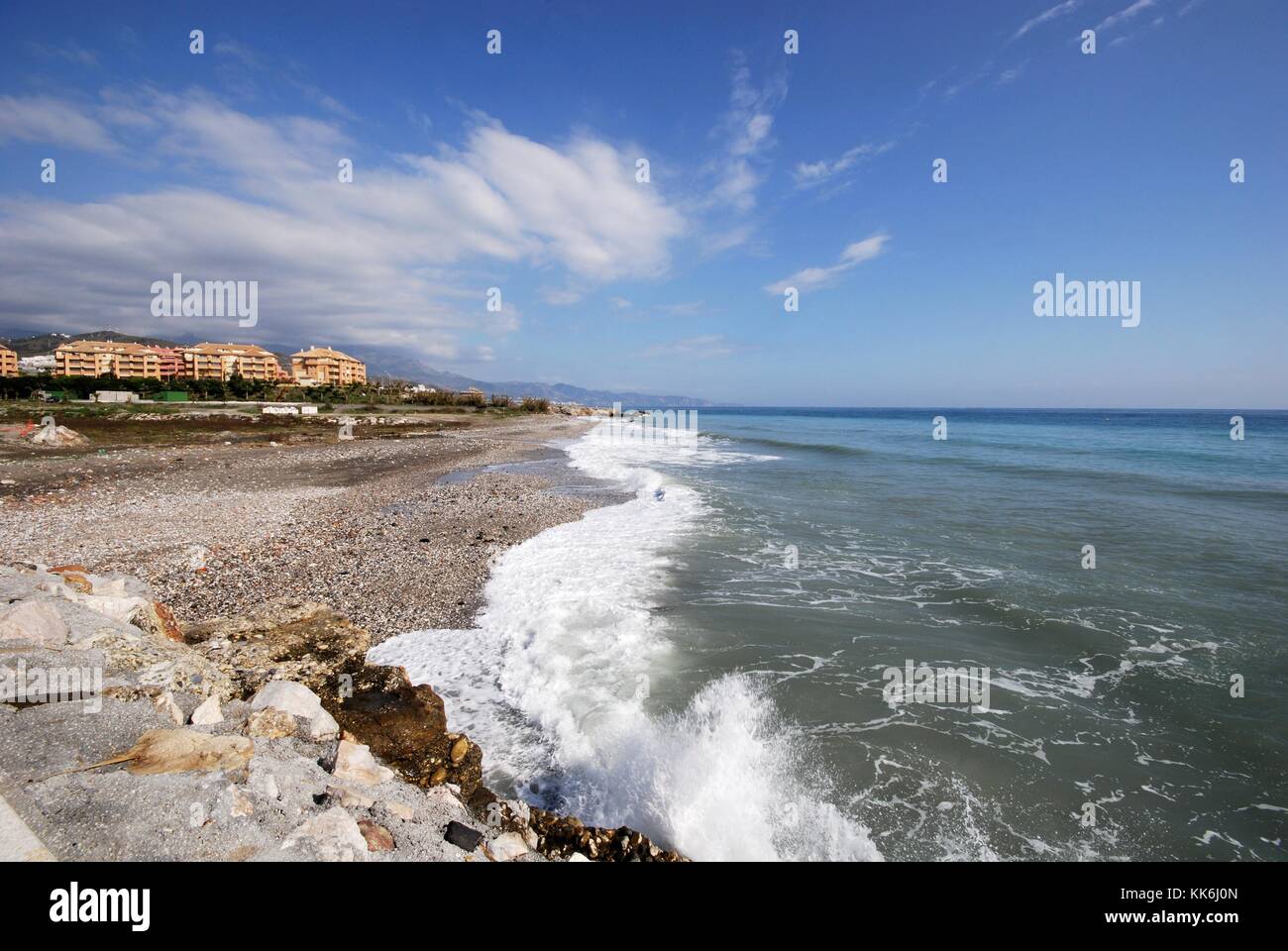 View along the beach and coastline, Torrox Costa, Malaga Province ...
