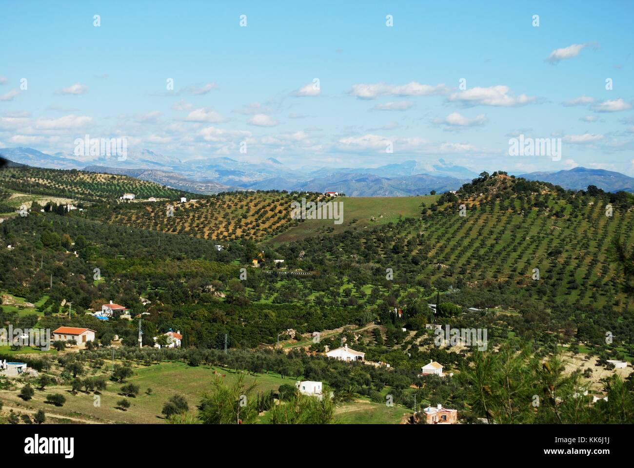 Elevated view of houses in the Spanish countryside, Alozaina, Malaga ...