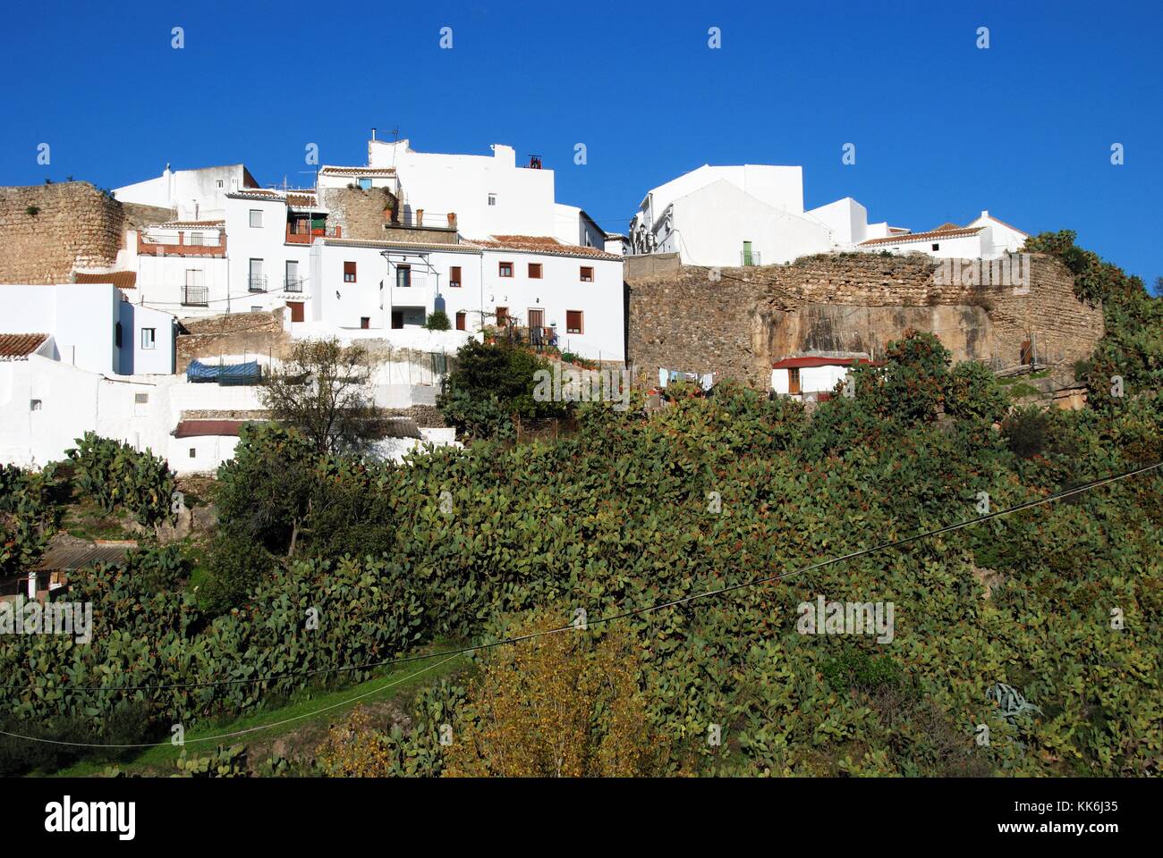 View of the village on the hill showing part of the old village wall ...