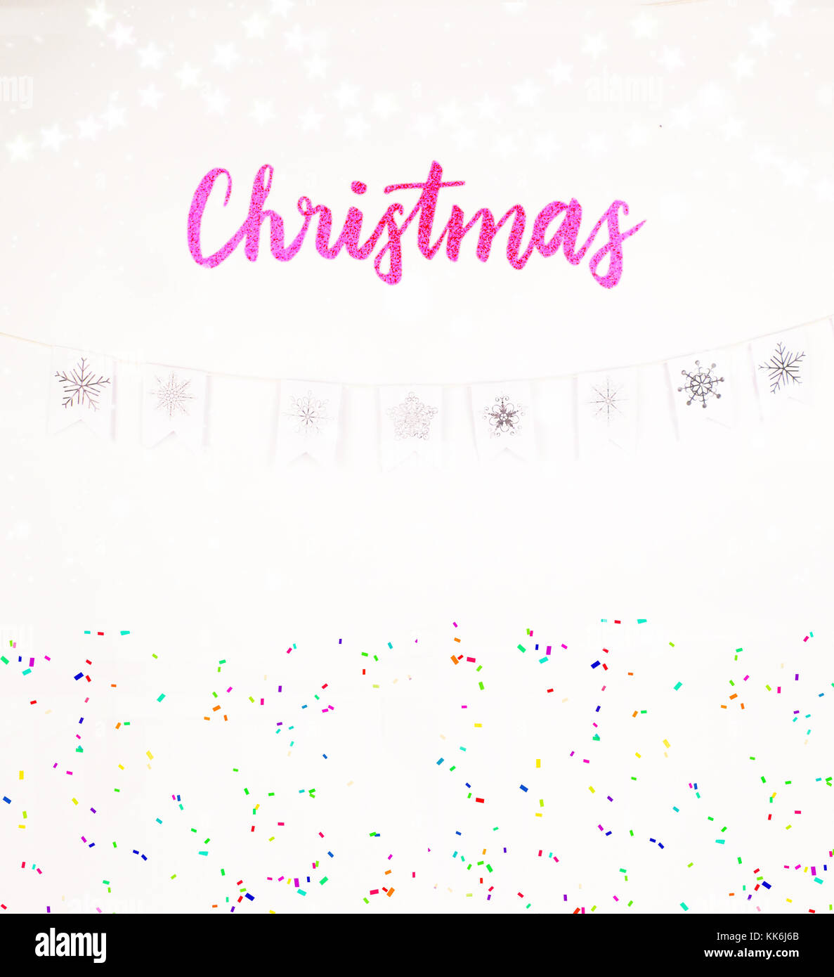 Christmas decoration with snow garland and confetti falling with silver ...