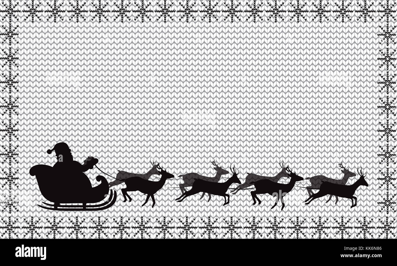 Black silhouette of Santa Claus flying in a sleigh with eight reindeer ...