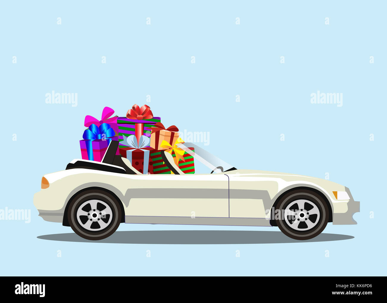 White modern cartoon cabriolet car full of gift boxes isolated. Sport ...