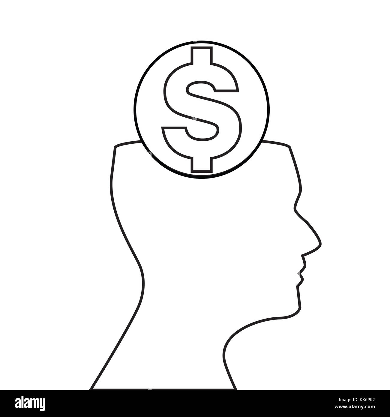 Outline silhouette of of dollar sign inside of human head isolated on ...