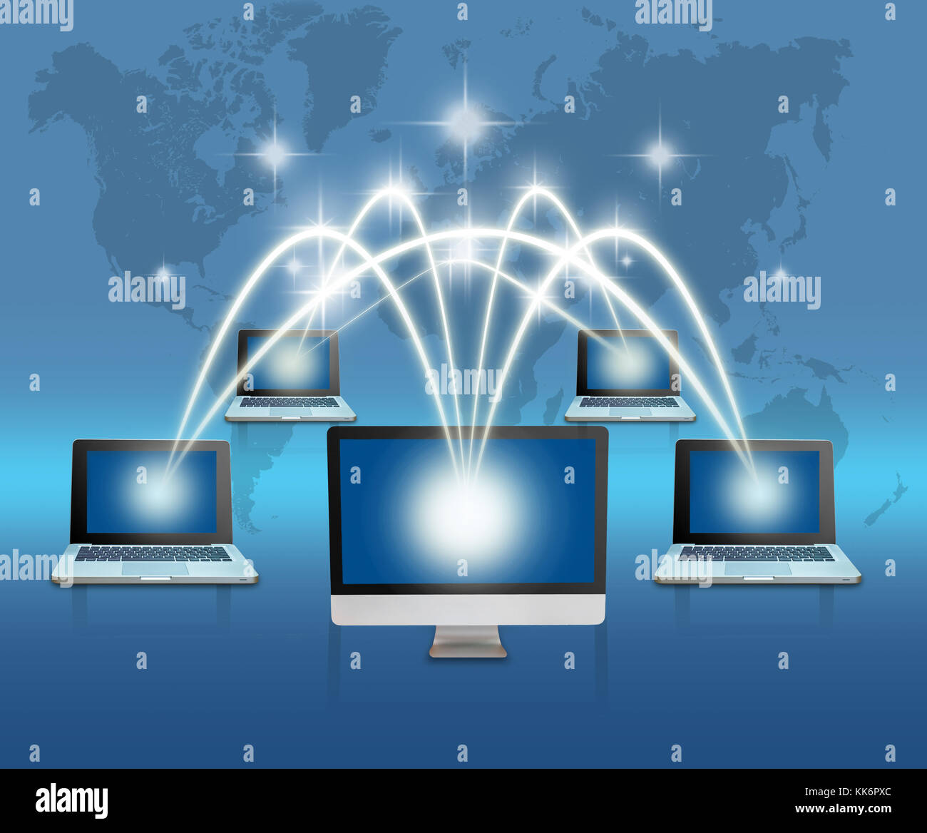 Connection of Laptops and computer over earth and world map with ...