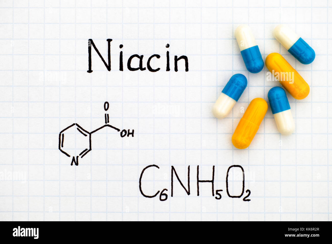 Chemical formula of Niacin with some pills. Close-up Stock Photo - Alamy