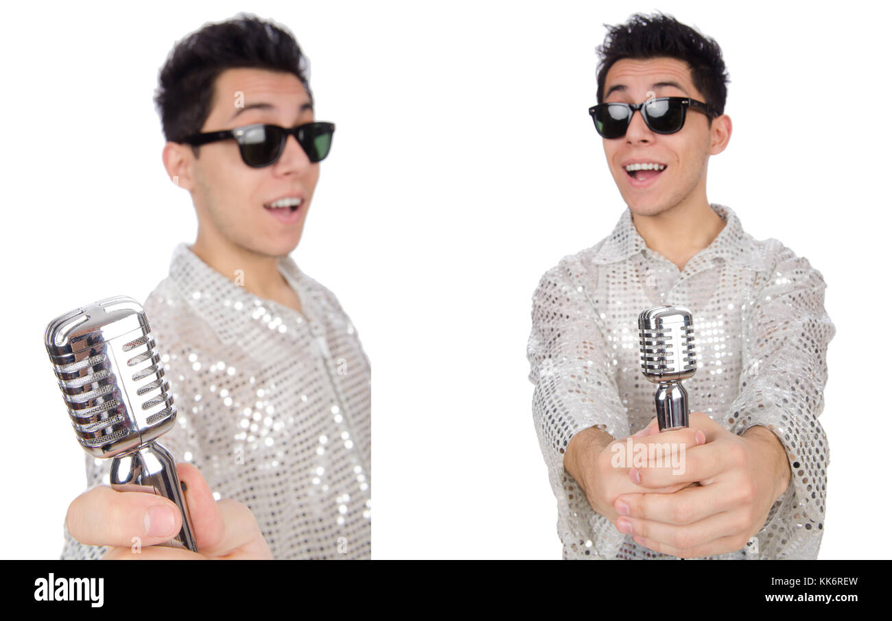 Man with mic isolated on white Stock Photo - Alamy