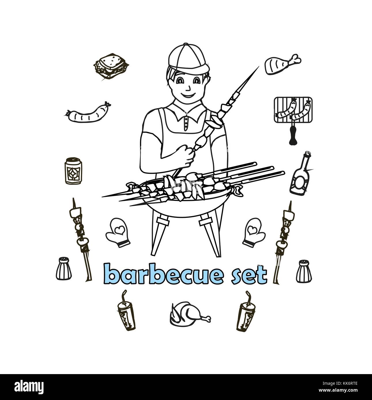 Man cooking barbecue funny doodle illustration hi-res stock photography ...