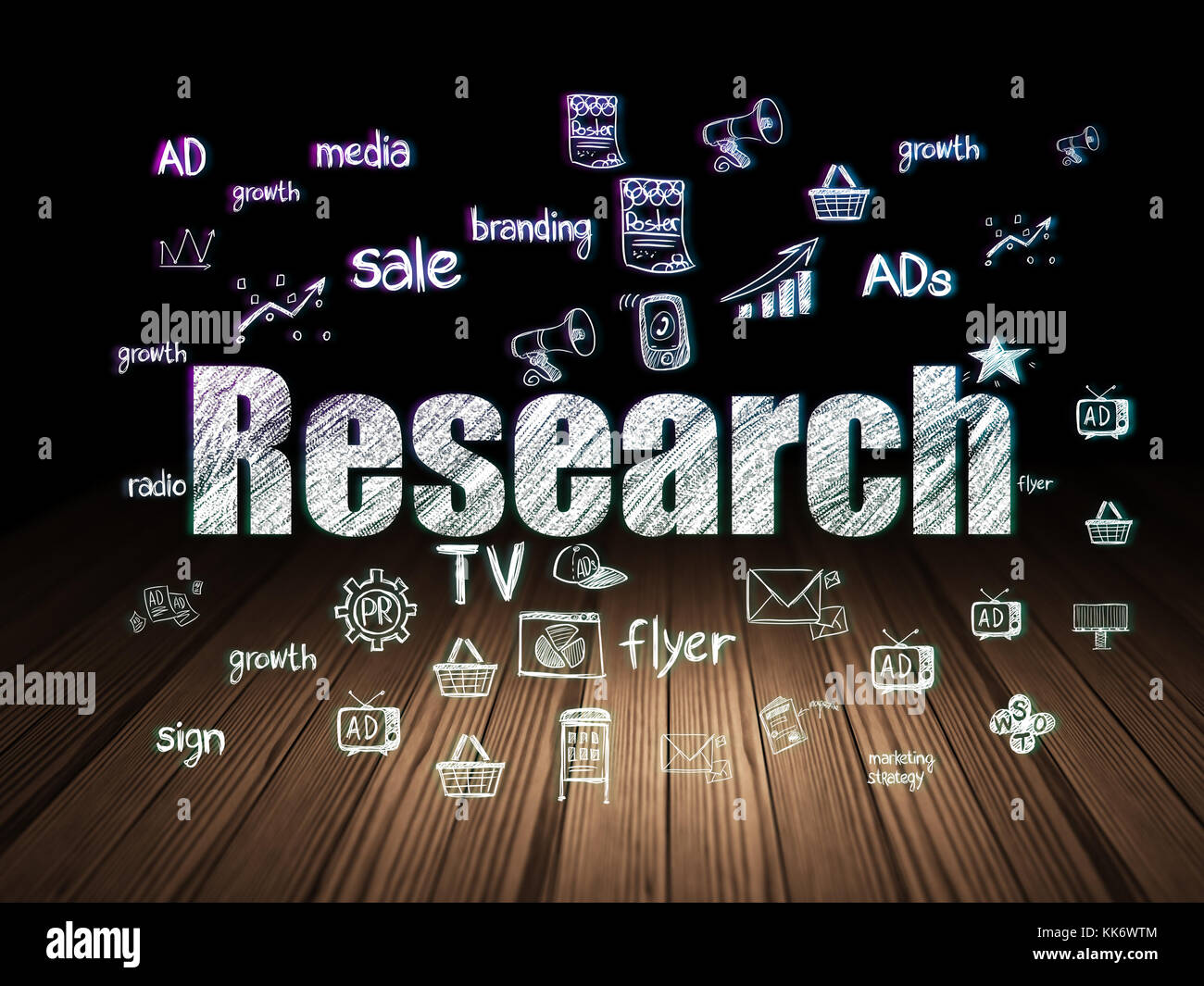 Advertising concept: Research in grunge dark room Stock Photo - Alamy