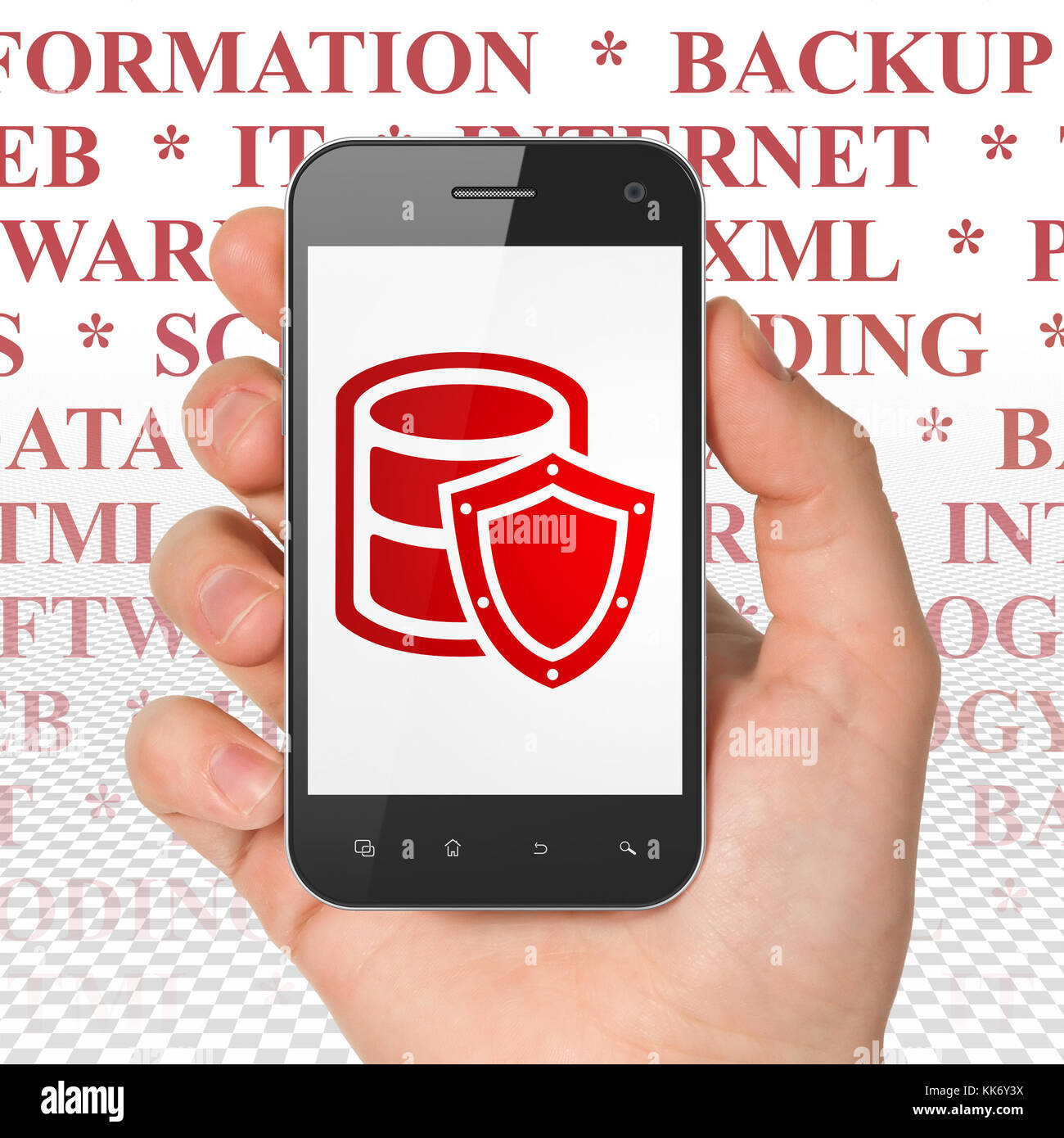 Programming concept: Hand Holding Smartphone with Database With Shield ...