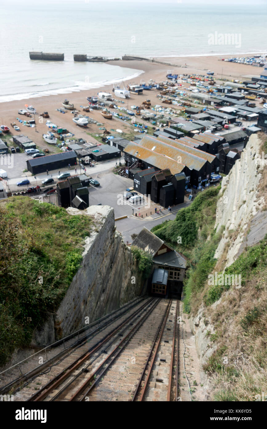 A passenger car ascending the East Cliff Lift, a funicular railway in ...