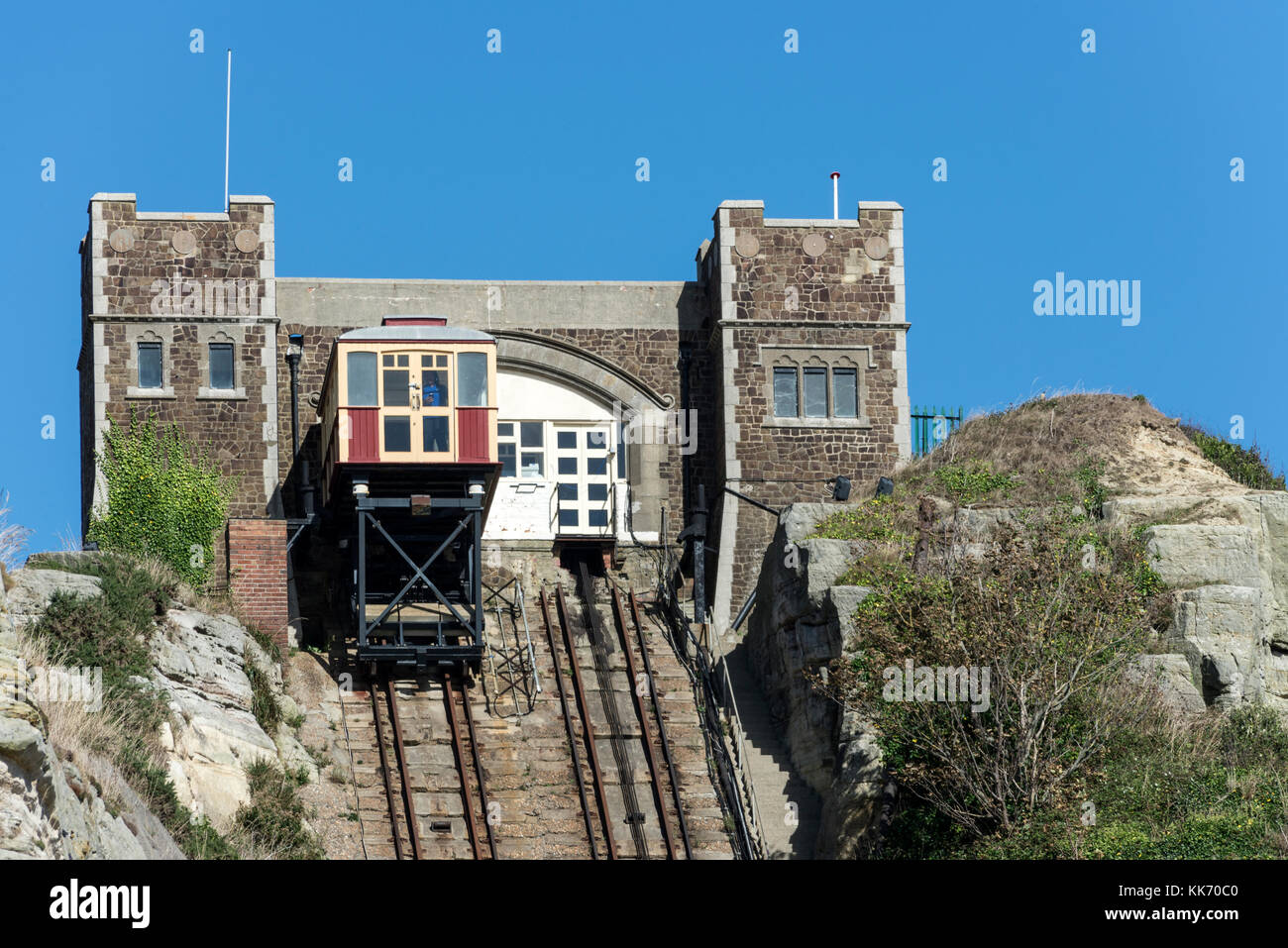 One of the two cable cars at the top of the East Hill Cliff Funicular ...