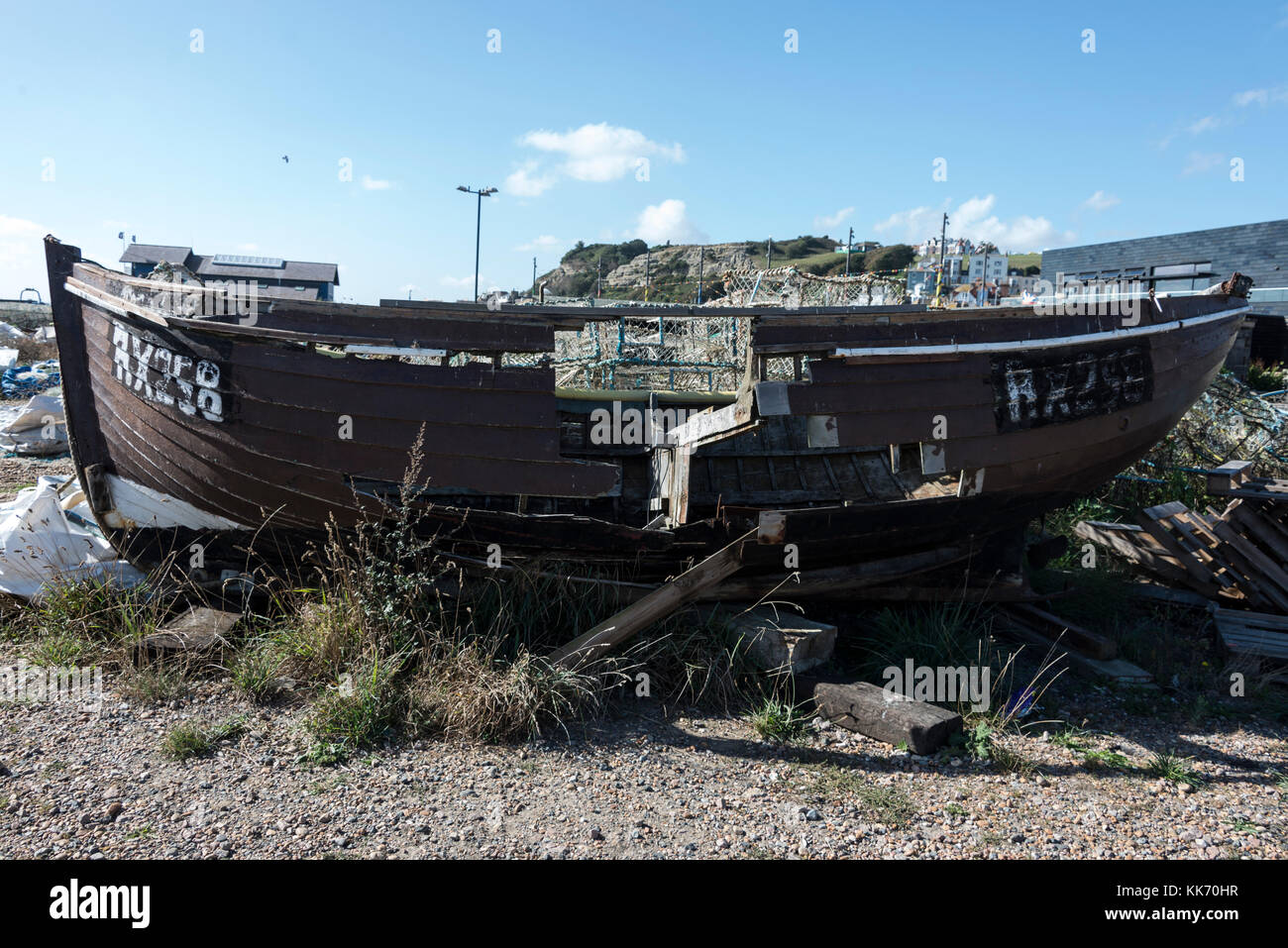 A wrecked fishing boat lay in the Slade shingle beach in Hastings Old ...