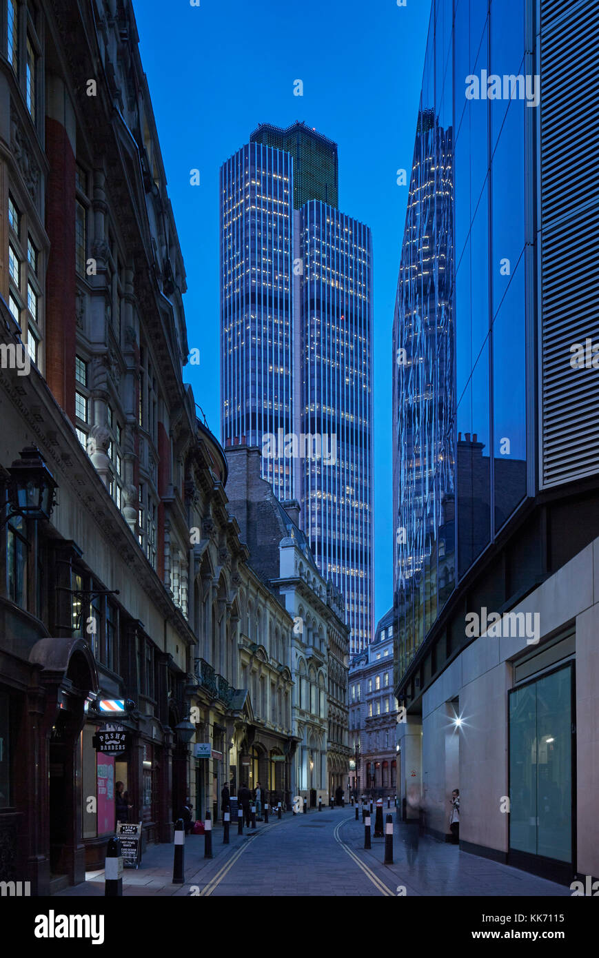 Dusk view down Throgmorton street. Tower 42, London, United Kingdom ...
