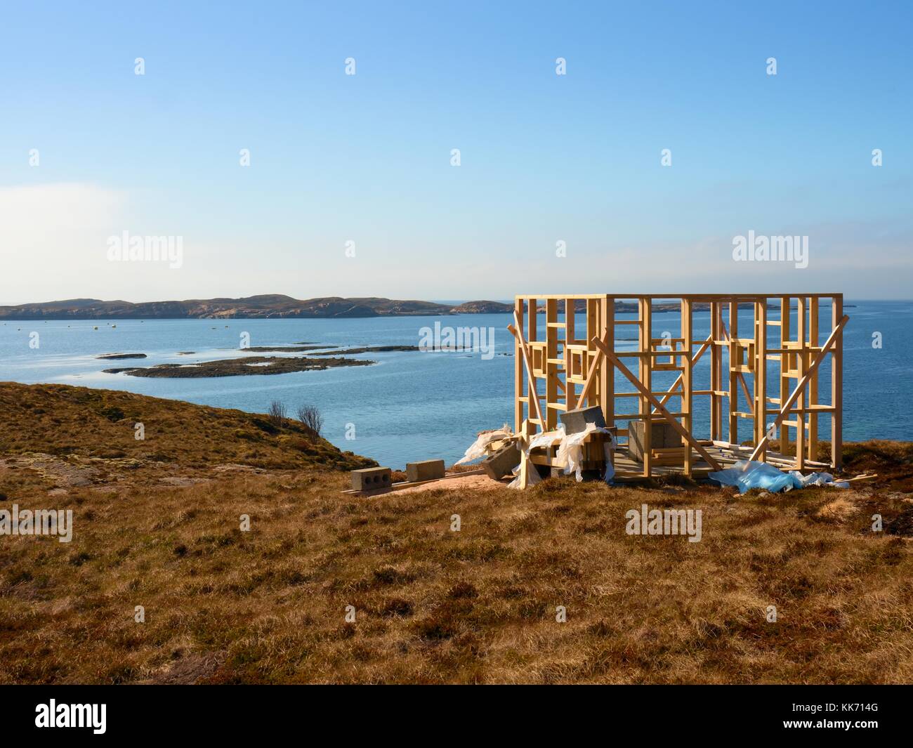 Building of bird observation tower. Wooden construction of lookout ...