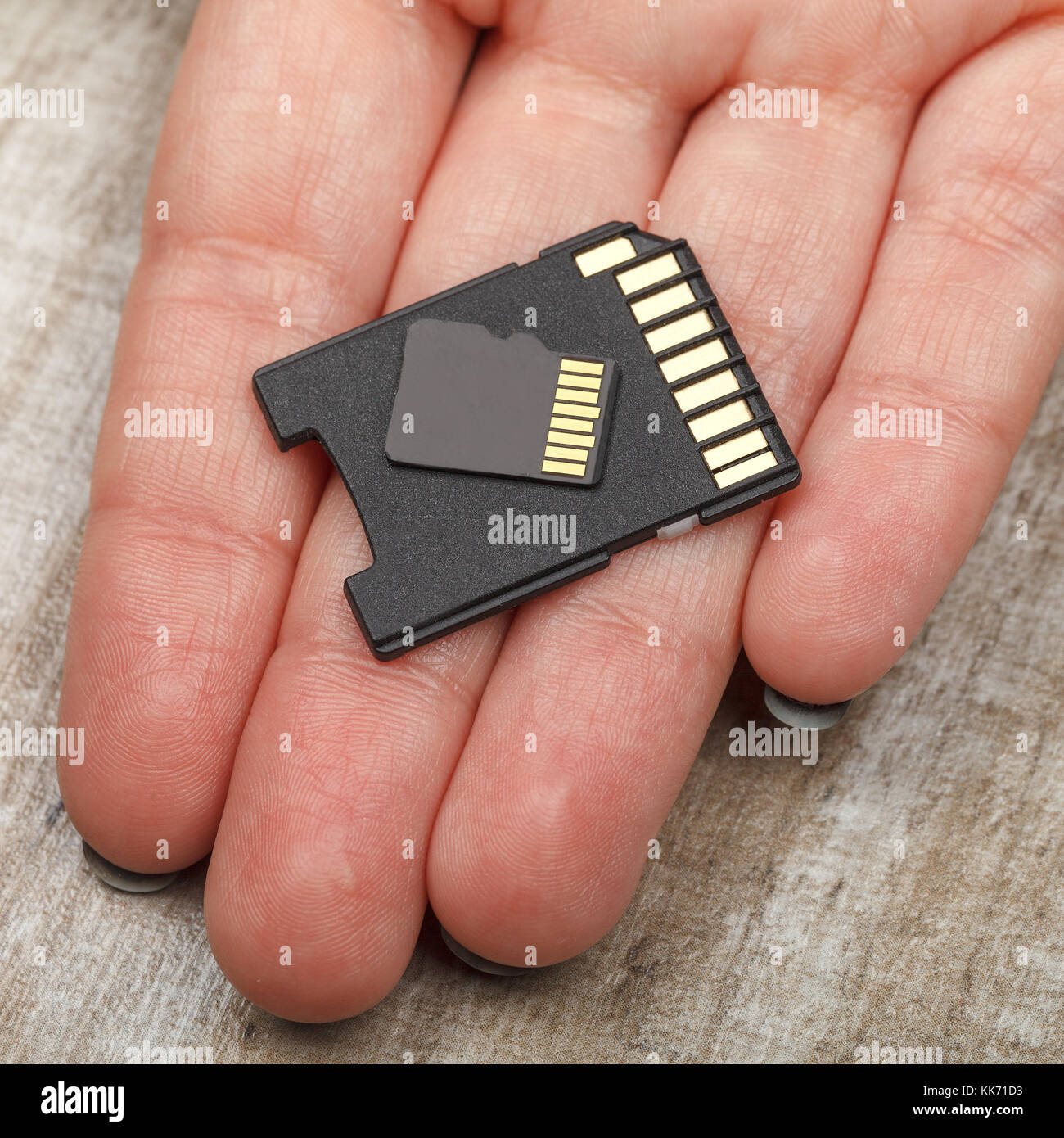 Memory cards on the palm of a young girl on a wooden table. Studio ...