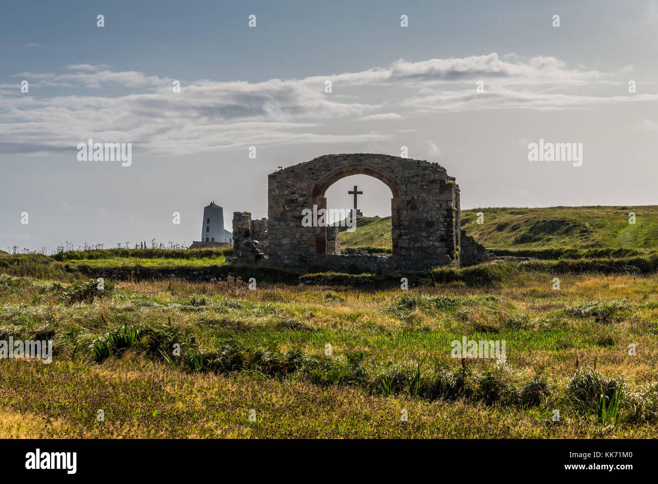 St Dwynwen's cross & Church on Ynys Llanddwyn on Anglesey, Wales UK ...