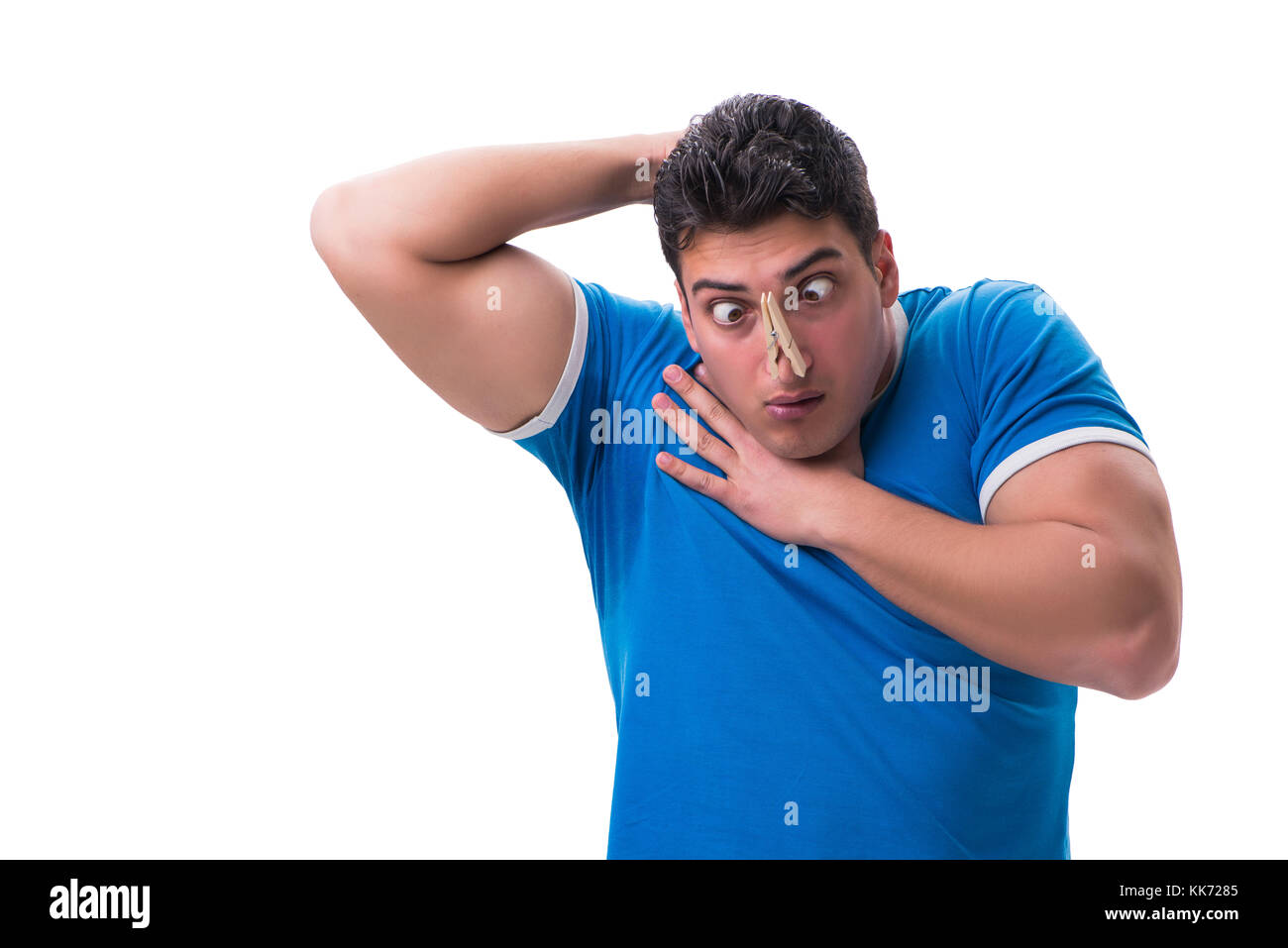 Man sweating excessively smelling bad isolated on white background ...