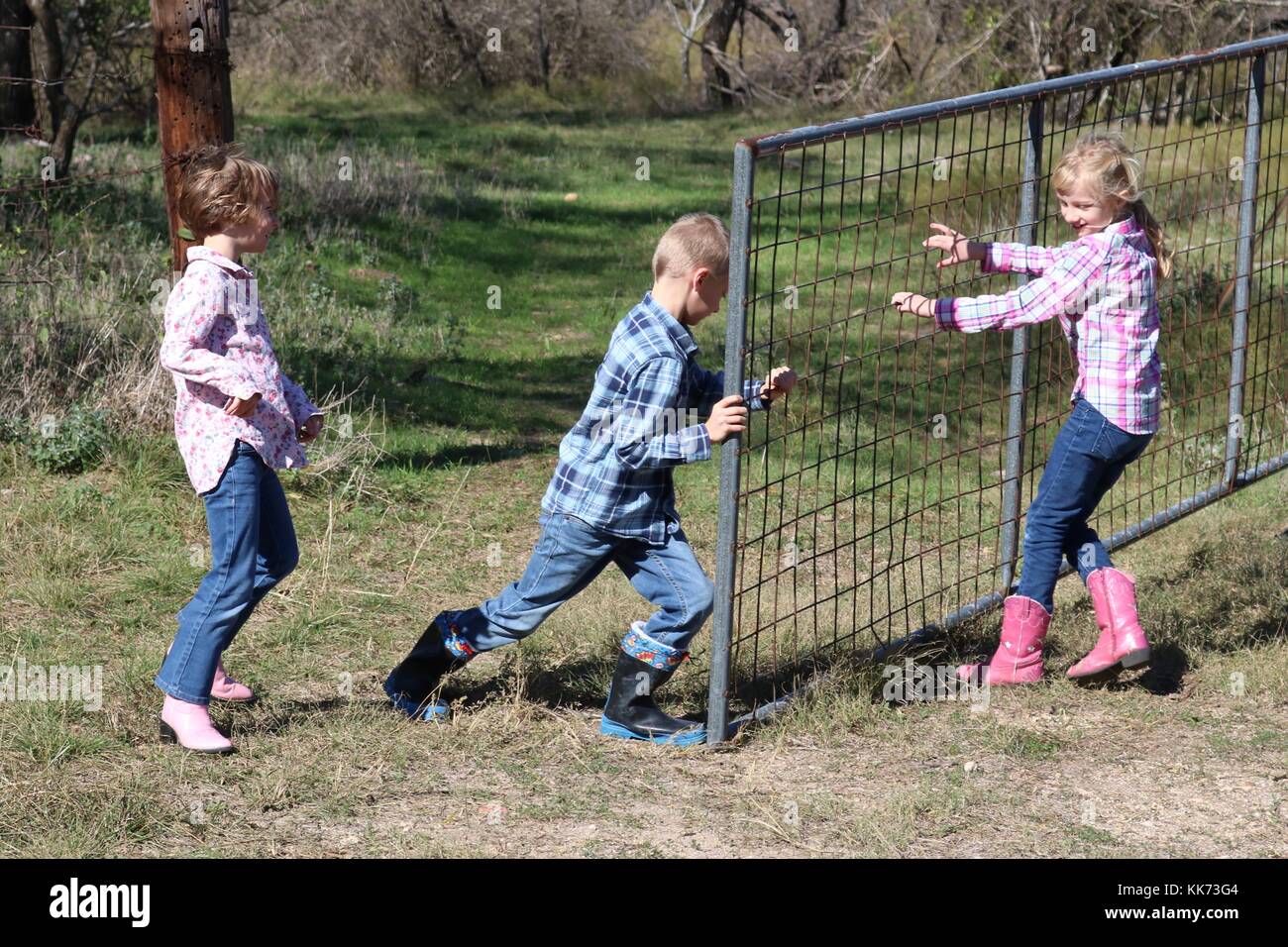 Three children opening gate to pasture Stock Photo - Alamy