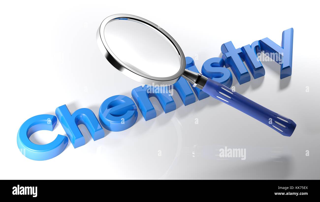 Magnifier on blue Chemistry - 3D rendering Stock Photo - Alamy