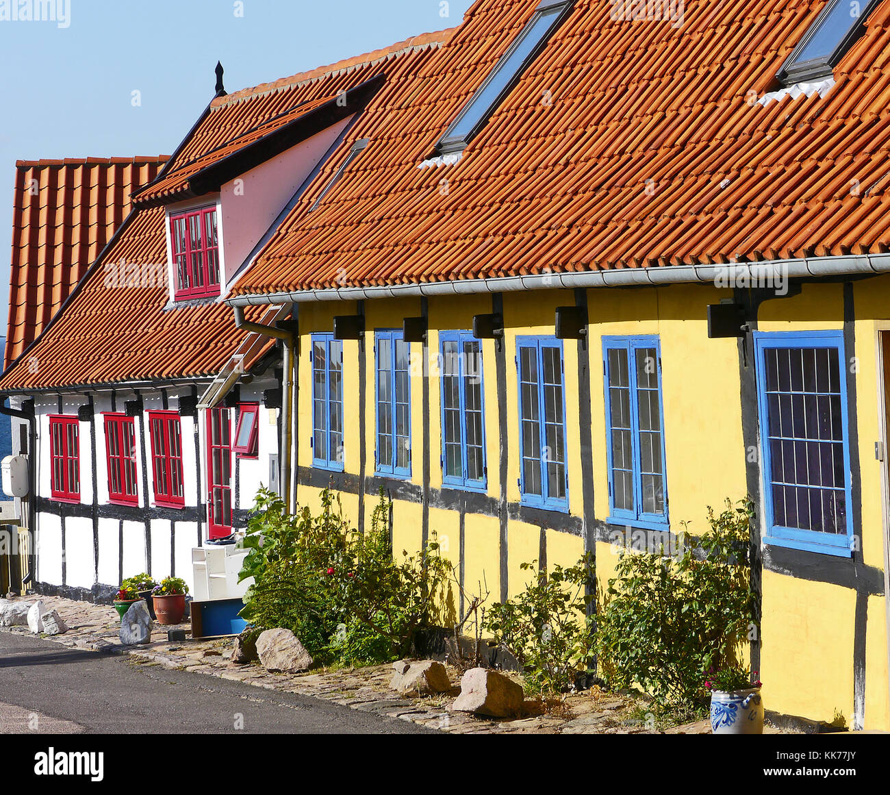 Street in Gudhjem, a town on the coast of Bornholm, Denmark Stock Photo ...