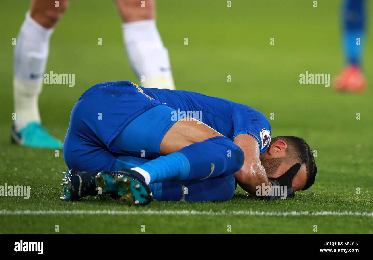 Leicester City's Riyad Mahrez reacts to an injury during the Premier ...
