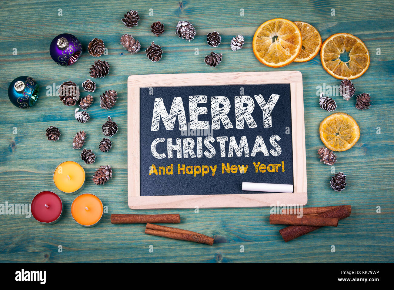 Merry Christmas and Happy New Year. Holiday background. Ornaments and ...
