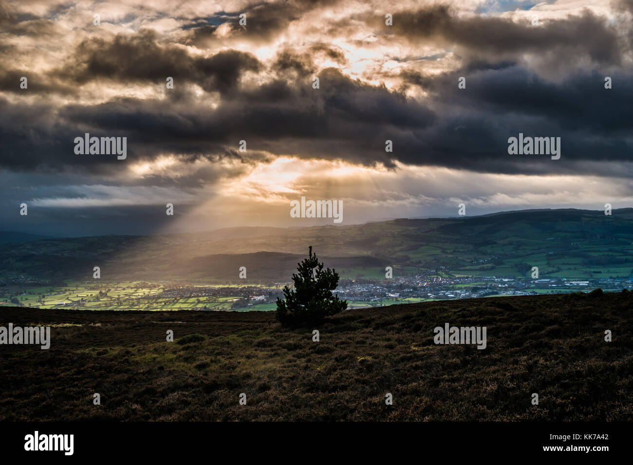 Sun rays from between the clouds over the Vale of Clwyd, Denbighshire ...