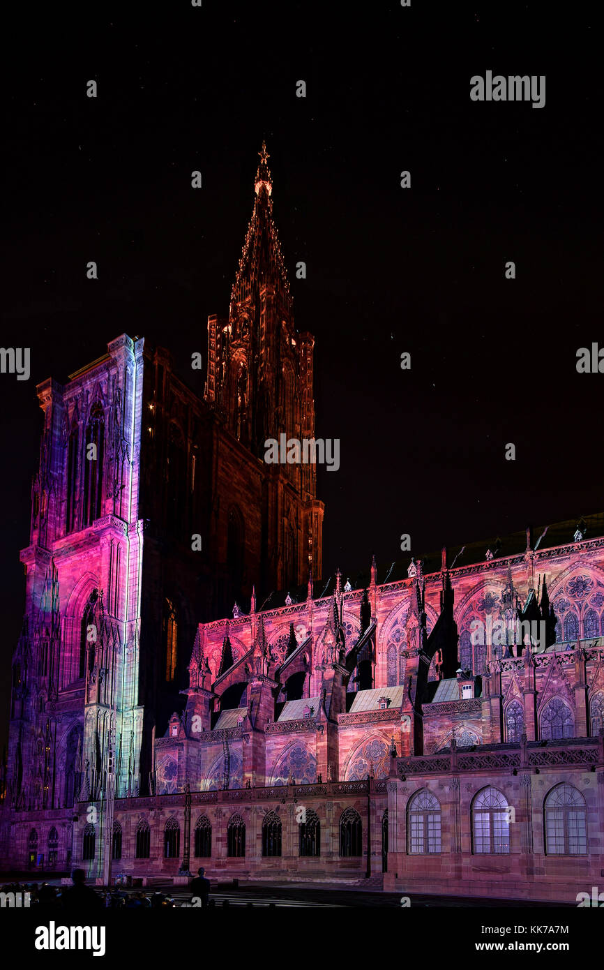 Beautiful colors of highlighted Notre Dame Cathedral in Strasbourg ...