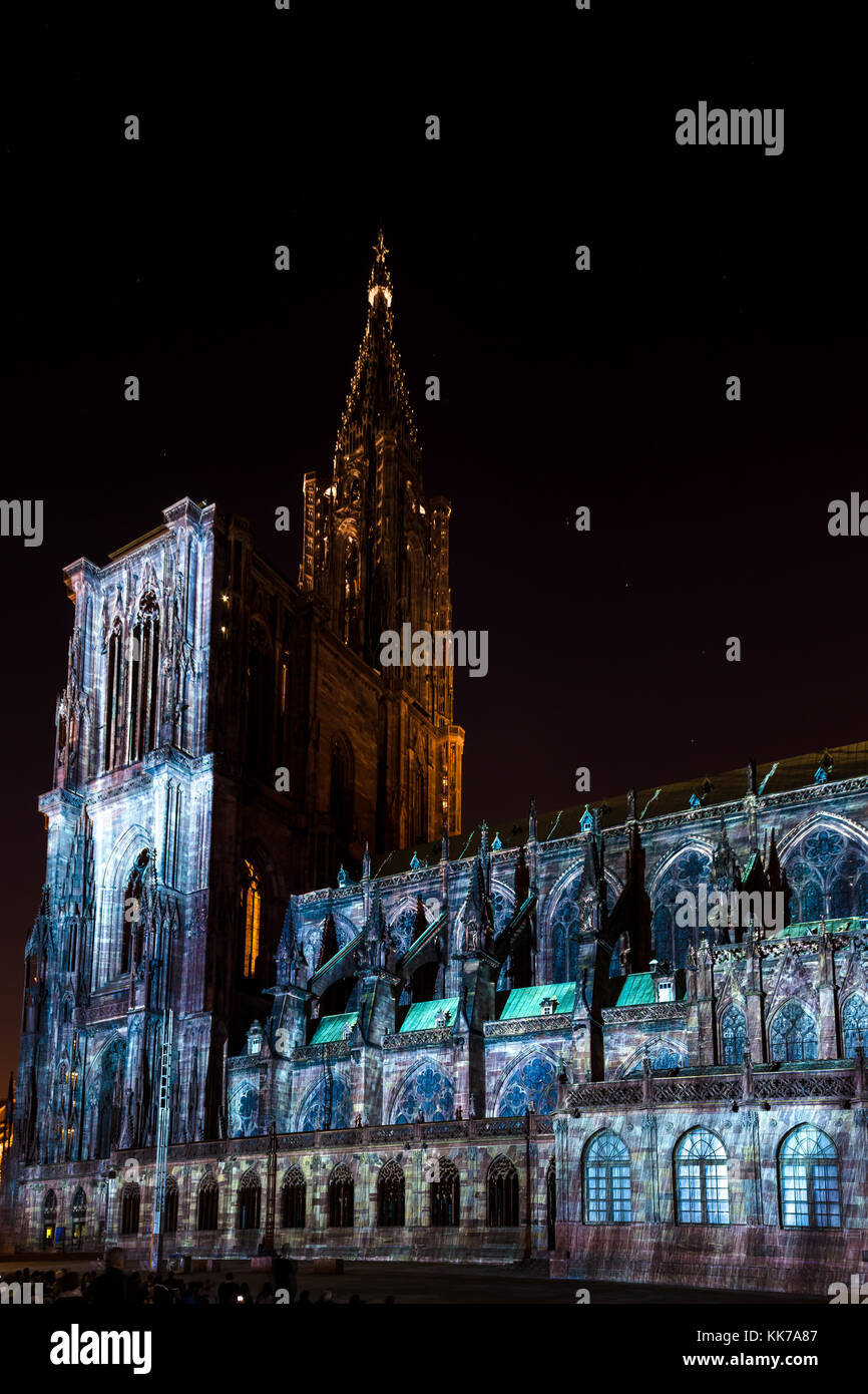 Beautiful colors of highlighted Notre Dame Cathedral in Strasbourg ...