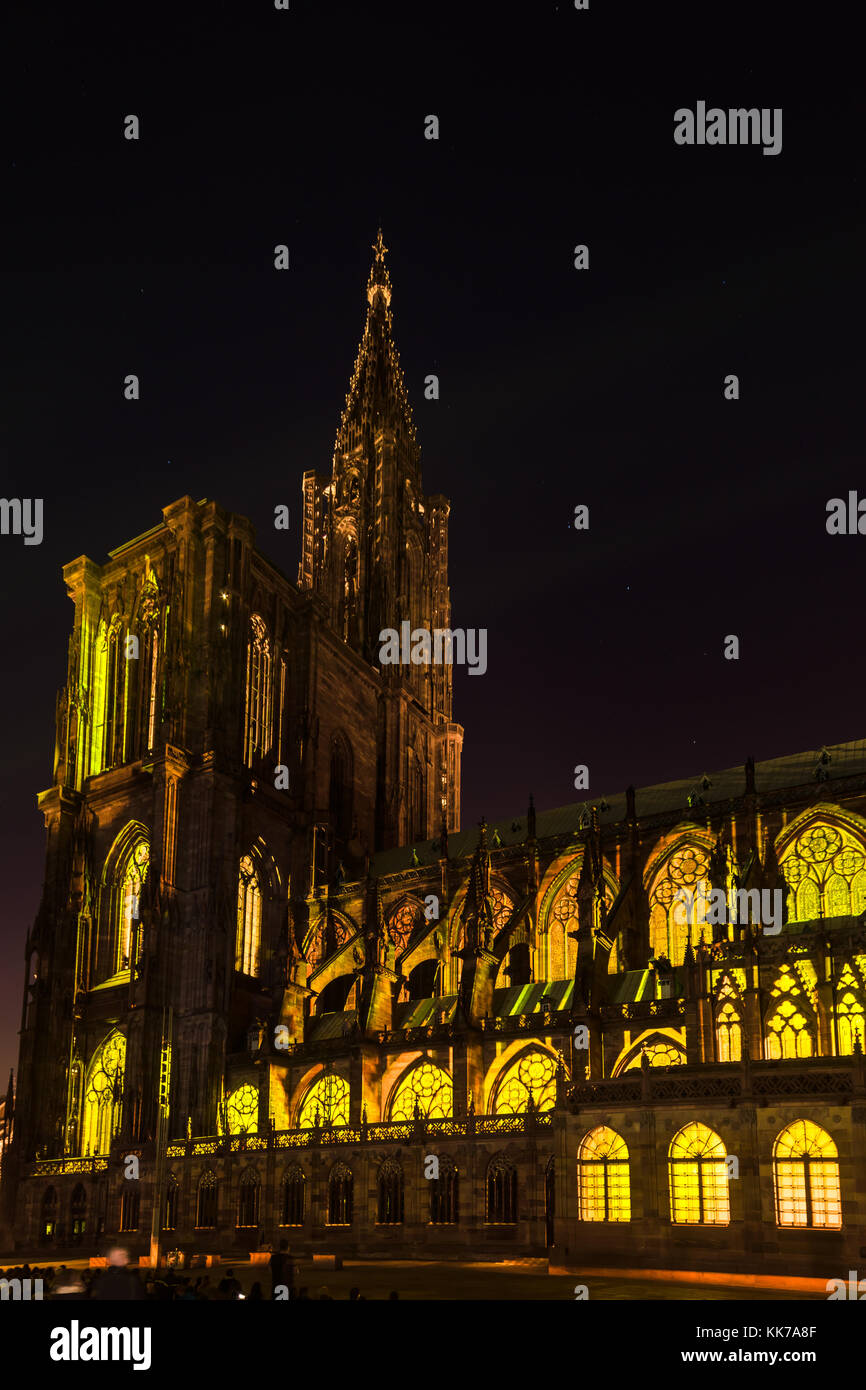 Beautiful colors of highlighted Notre Dame Cathedral in Strasbourg ...