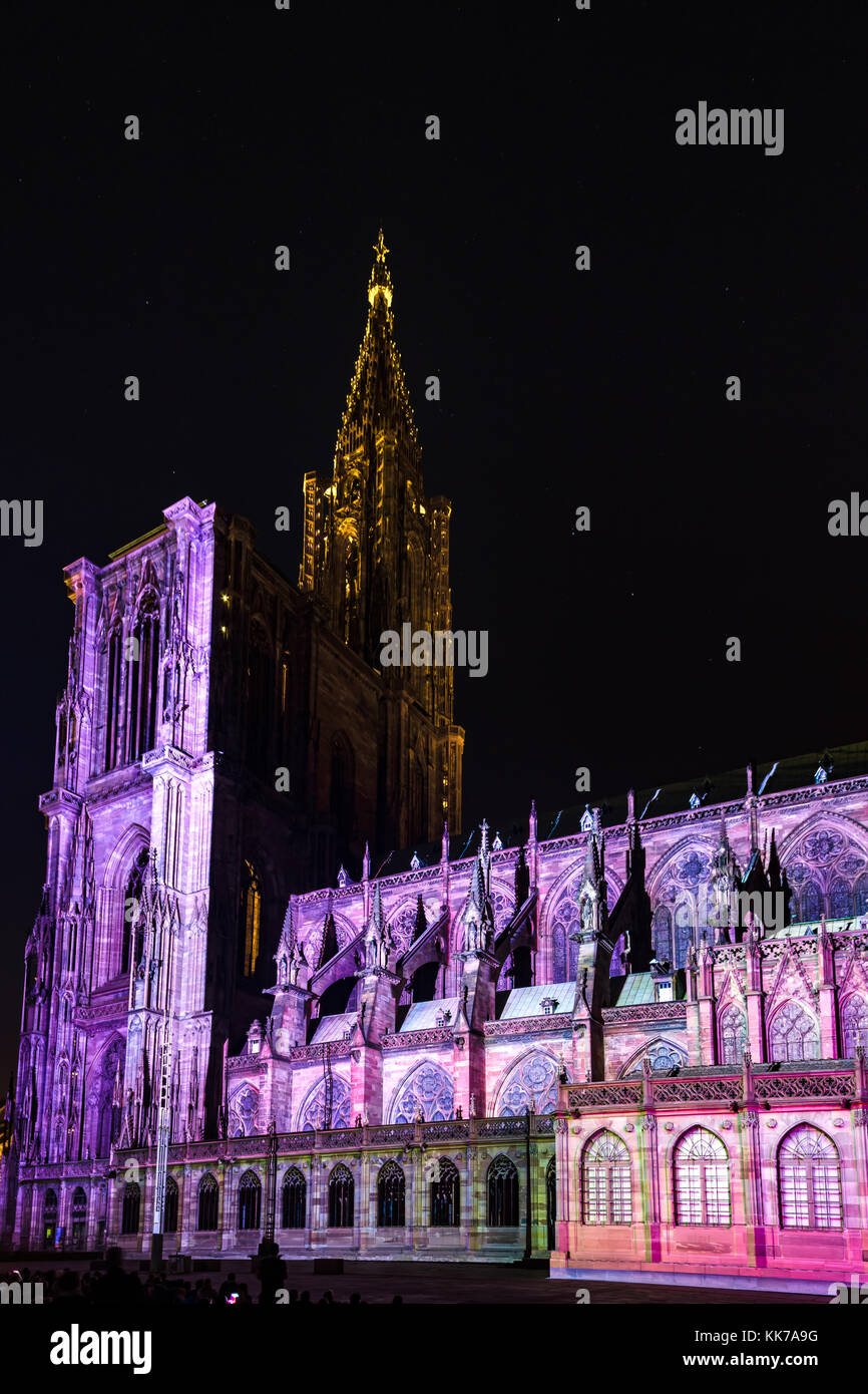 Beautiful colors of highlighted Notre Dame Cathedral in Strasbourg ...