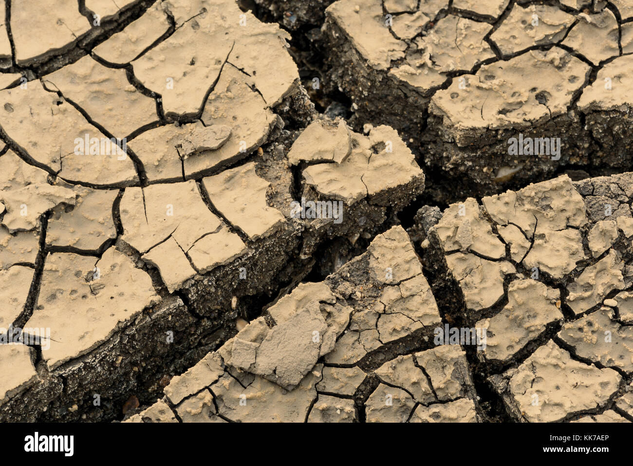 Cracked arid mud earth with large fissures and splits in the earth ...