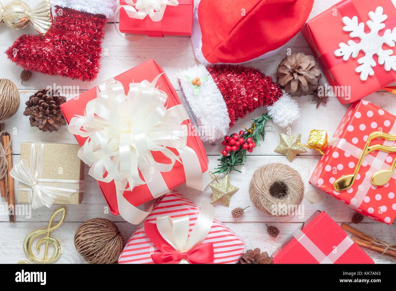 Table top view image of decorations Merry Christmas & Happy New Year ...