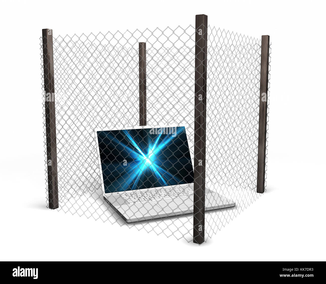 3D render of a computer behind a wire fence depicting computer security ...