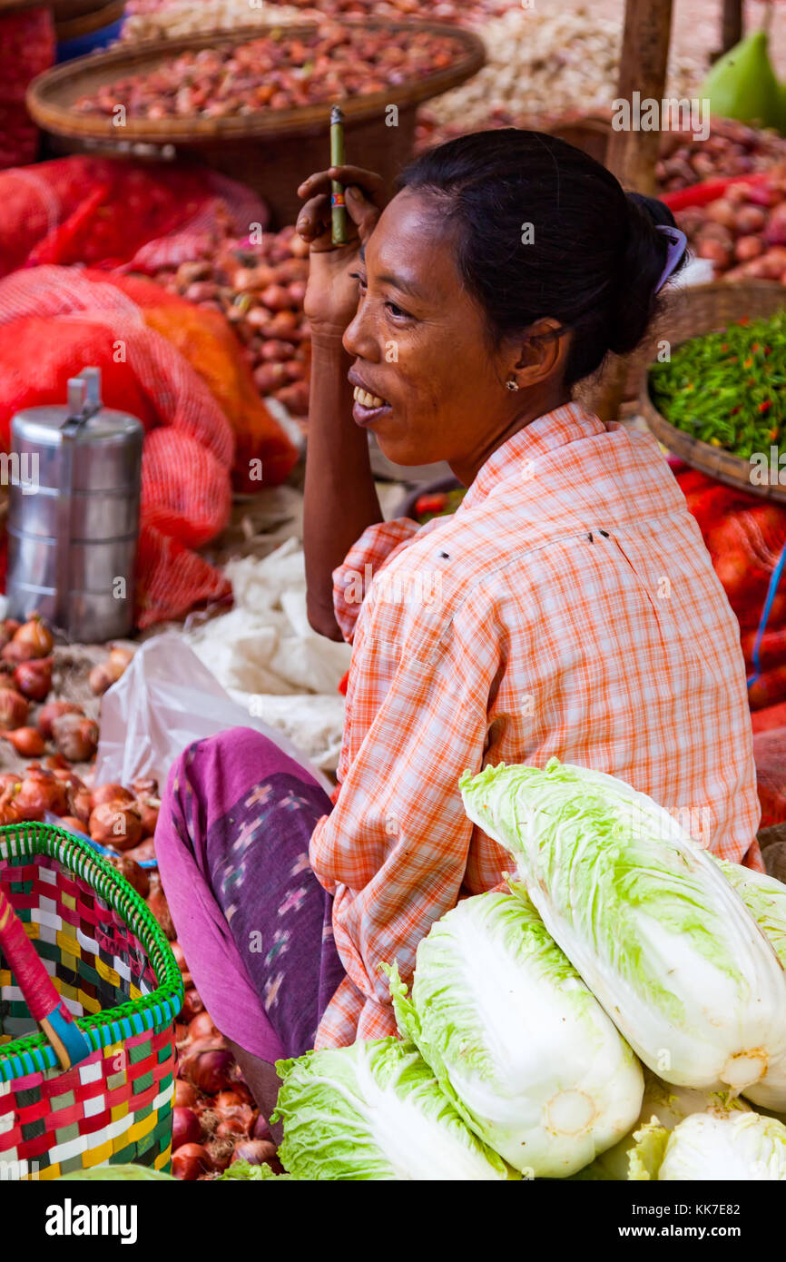 Bagan, Myanmar - Dec 9, 2010 : Burmese woman selling vegetables at a ...