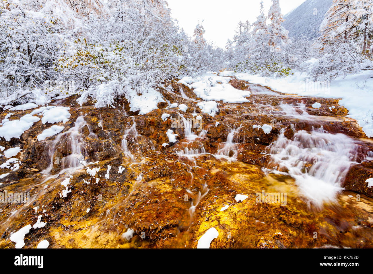 View of frozen waterfalls in Huanglong, Sichuan, China, in winter Stock ...