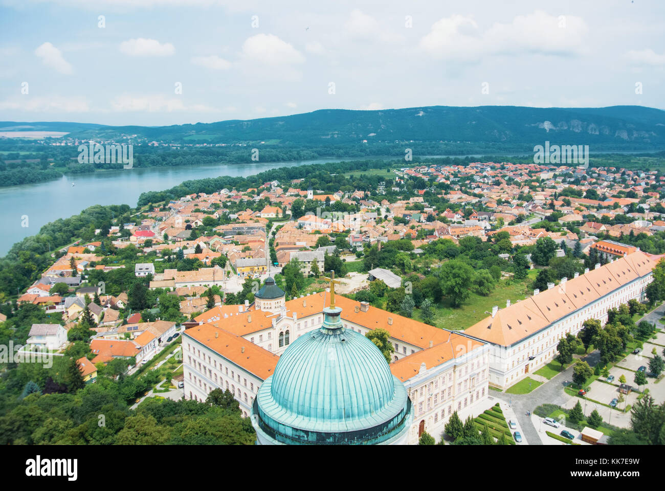 Panoramic aerial view over the roofs of Esztergom town near Budapest ...